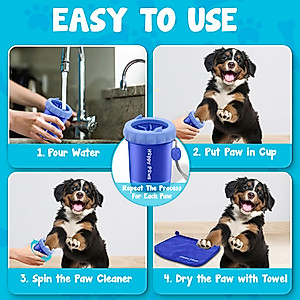 Happy Paws Dog Paw Cleaner | Portable Washer Cup for Small Cute Dogs with Towel and Hanger | Silicone Pet Foot Cleaning Brush Scrubber | Grooming Essentials to Wash Muddy Puppy Feet | Blue
