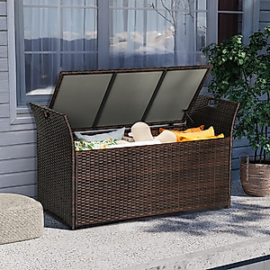 CrownLand 80 Gallon Outdoor Storage Bench with Cushion, Outdoor Wicker Storage Box, Patio Deck Box with Seat, for Garden, Balcony, Poolside (Brown)