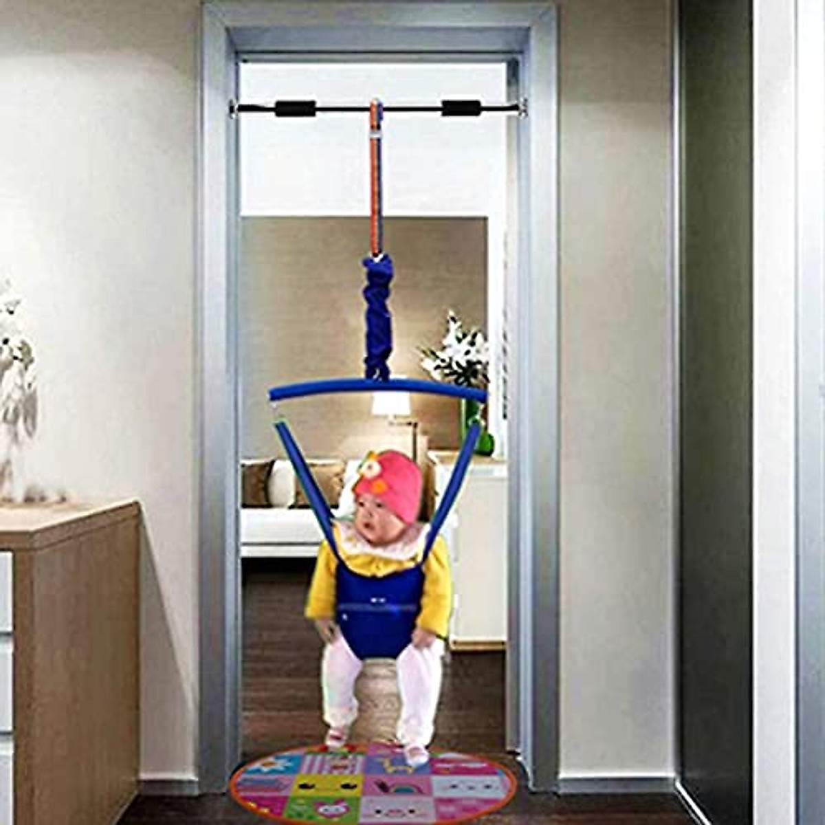 Shiker Baby Door Jumper, Length Adjustable Baby Hanging Swing Jump Bouncer, Portable Foldable Stand Scientific Saddle, Pink