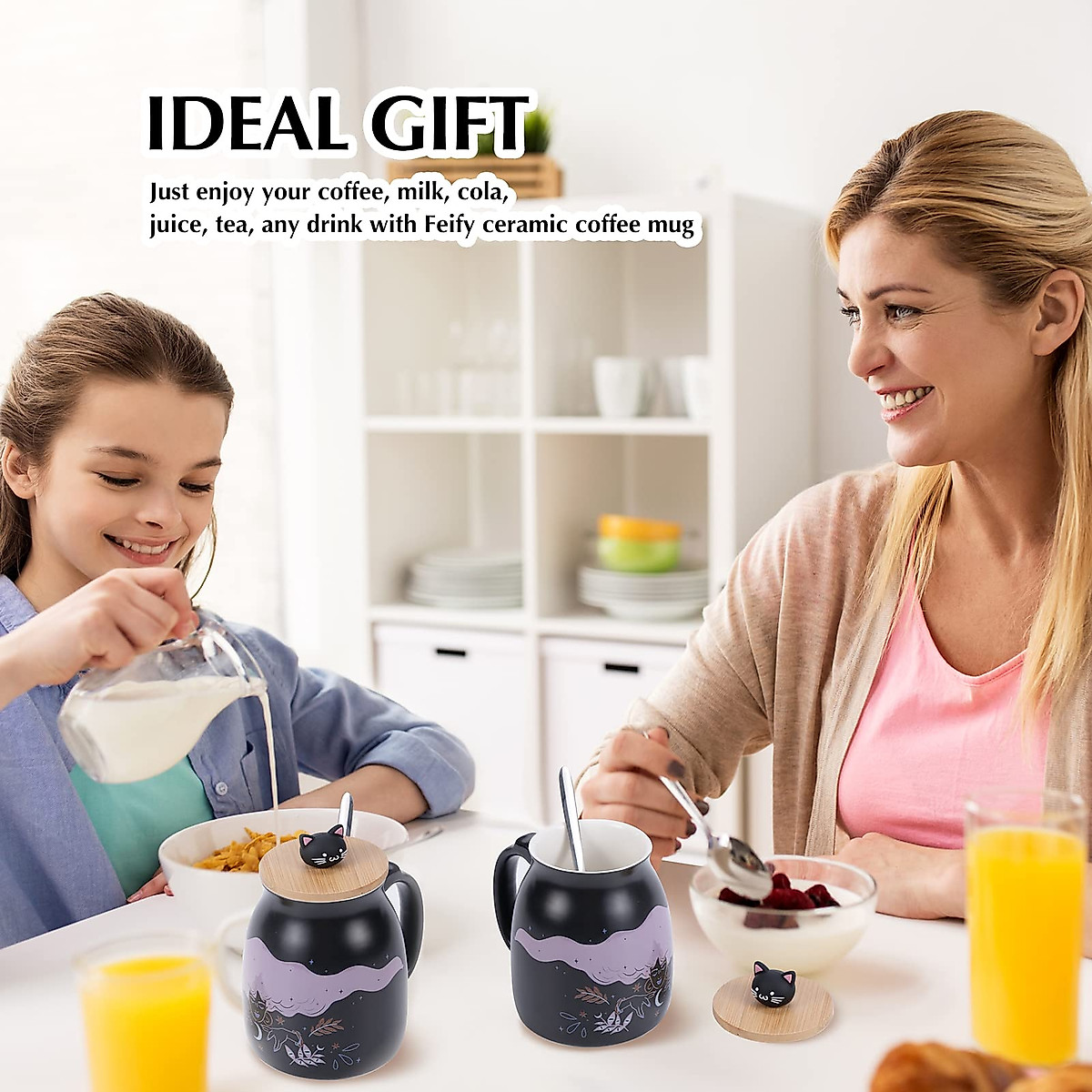 YUESHICO Witches coffee mug - Witch Ceramic Coffee Cup with Black Cat Bamboo Lid Stainless Steel Spoon, Novelty Morning Cup Tea Milk Christmas Halloween Mug Gift 420ML (Black)