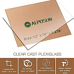 Acrylic Sheets 1/4 inch Thick 12” x 16”, ALPOSUN 2 Pack 6mm Plexiglass Sheets, Glass Alternative for DIY Display Projects, Signs, Display Cases, Shelves, Showpieces, Easy to Cut