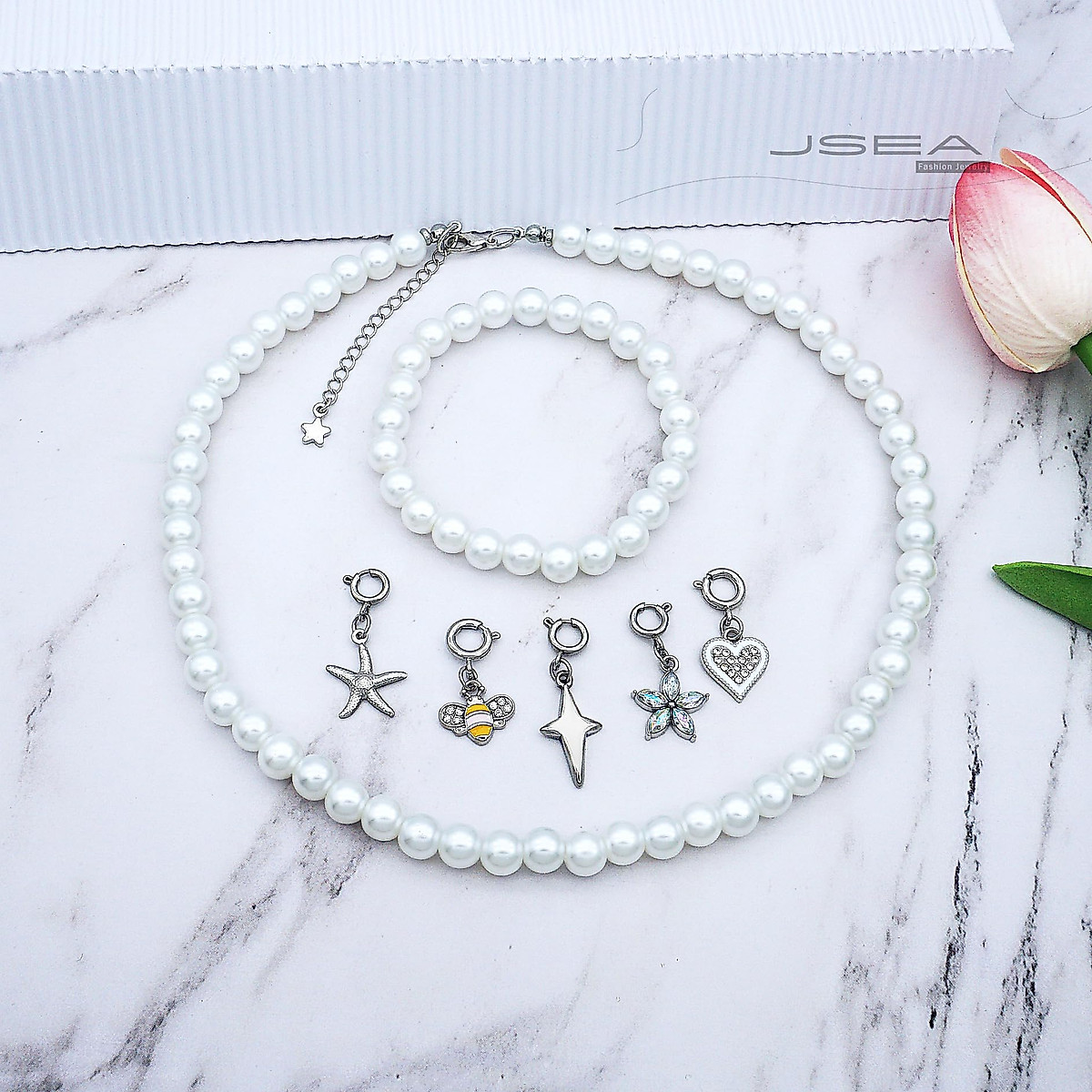 JSEA 8mm Faux Pearl Necklace Elastic Bracelet Jewelry Set Beige White Pink Fake Pearl Jewelry