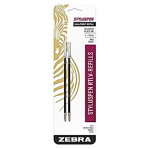 Zebra StylusPen Retractable Ballpoint Pen Refill, Medium Point, 1.0mm, Black Ink, 2-Count