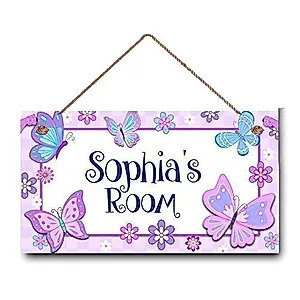 INNAPER Wall Art Sign, Custom Wooden Signs Girl Name Hanging Décor Personalised Name Door Sign, Purple Butterflies (ROOM202)