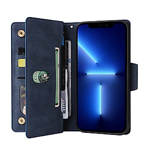 QDSKY iPhone 13 Pro Max Cases, iPhone 13 Pro Max Wallet Case for Women with 9 Card Holders & Kickstand & Strap PU Leather Flip Case for iPhone 13 Pro Max 6.7, Blue