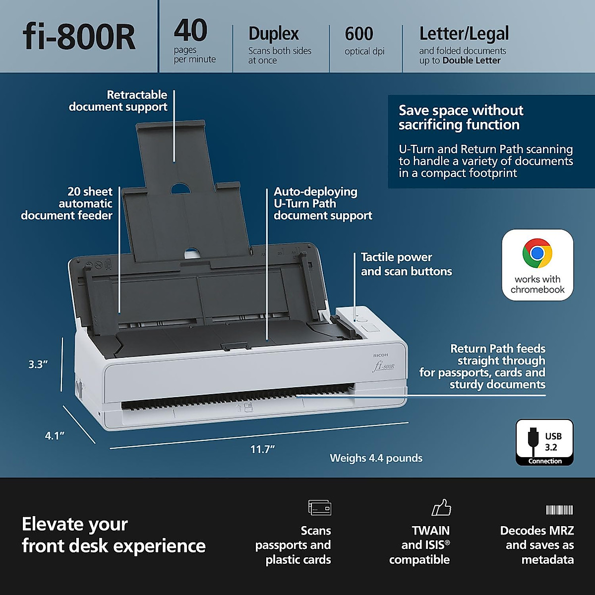 Fujitsu fi-800R Ultra-Compact, Color Duplex Document Scanner with Dual Auto Document Feeders (ADF)