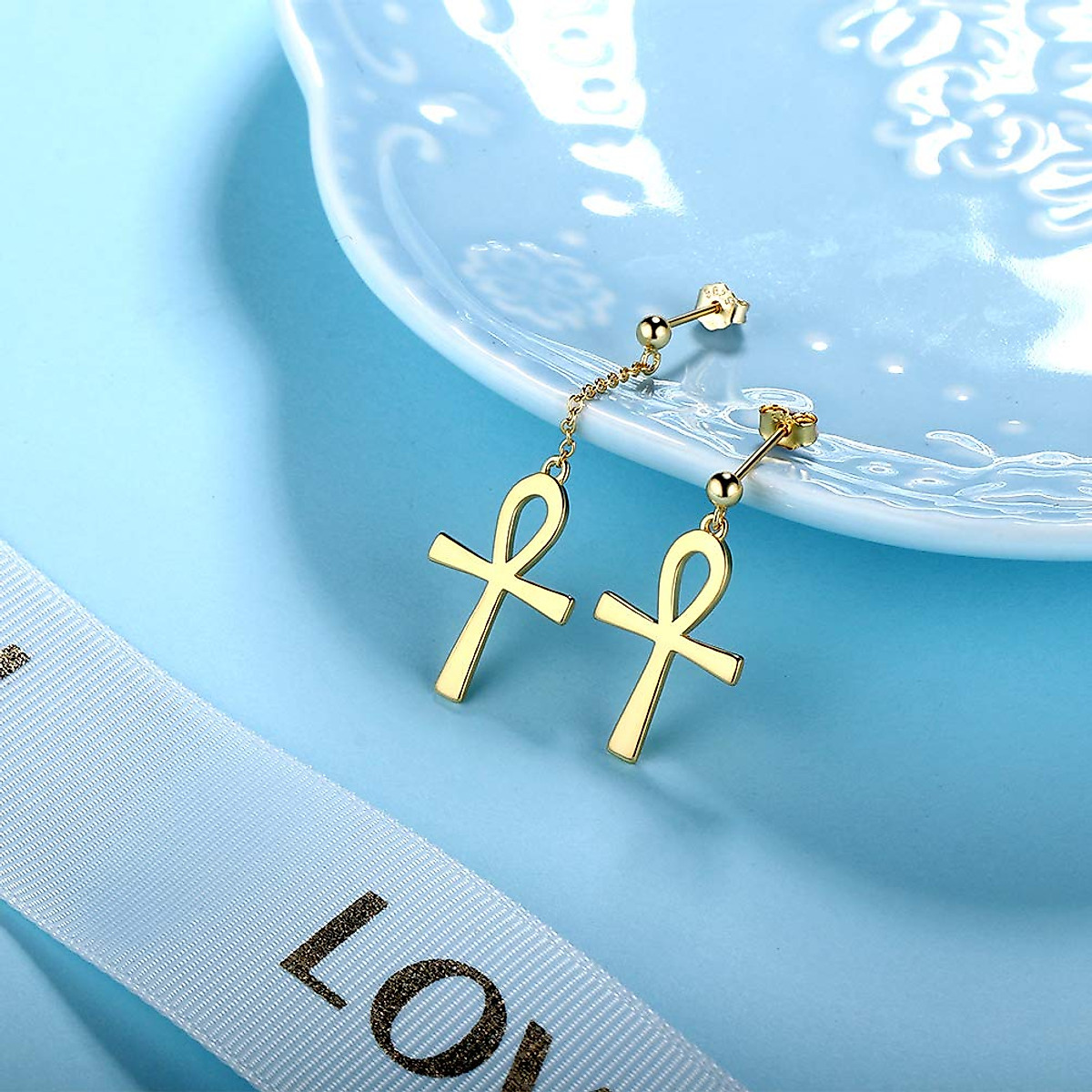 Egyptian Ankh Cross Earrings for Men Women 925 Sterling Silver Gothic Cross Dangle Earrings Ancient Symbol Key of Life Ankh Earrings Protection Jewelry Christmas Gifts for Women Mom Wife FE079Y
