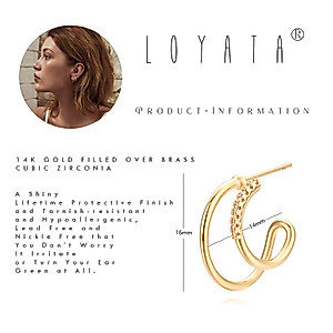 LOYATA Double Hoop Earrings Gold Open C Shape Circle Diamond Cubic Zirconia 14K Gold Filled Small Simple Hypoallergenic Illusion Jewelry Gift for Women