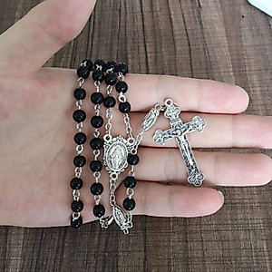 Rnivida Catholic Black Beads Rosary Virgin Mary Rosary Necklace with Jesus Crucifix, Miraculous Mary Medal Rosary Prayer Gifts for Women