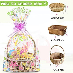 WeDoSoy 10 Pack Easter Basket Bags, Large Cellophane Bags, 22x32 Inches Cello Basket Bags Easter Eggs Bunny Wrap Bags with 10 Pieces Pull Bow, Cellophane Wrapping for Gift Packaging Party Decorations