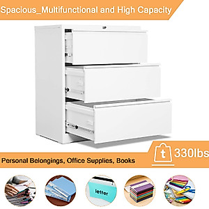 Aobabo 3 Drawer Lateral Steel File Organizing Cabinet with Locking System and Adjustable Hanging Bars for Letter/Legal Size Paper, White