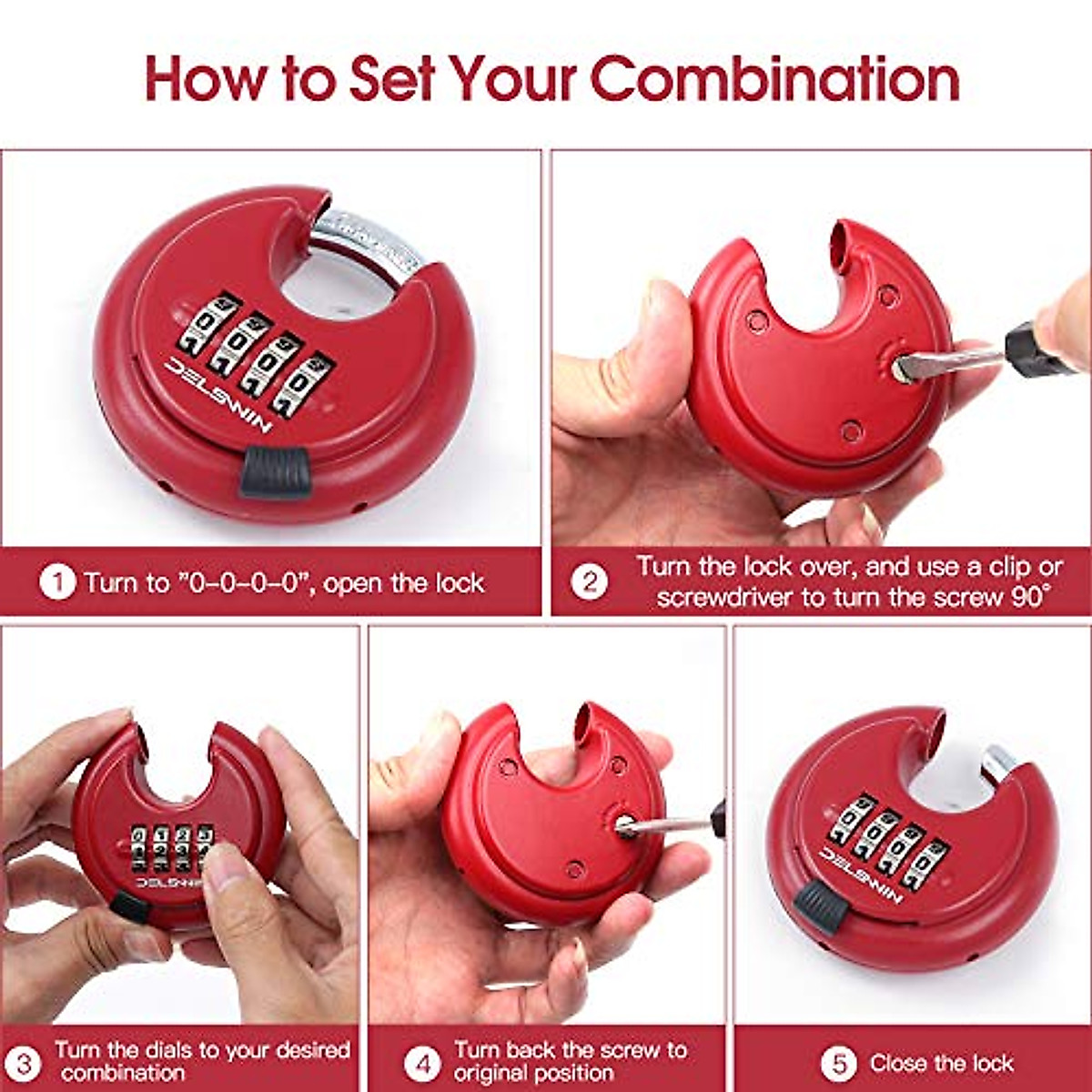 DELSWIN Outdoor Combination Padlock - 4 Digit Heavy Duty Disc Lock with Hardened Shackle,Combo Padlock for Gate,Storage Unit,Fence(25/64" Shackle, Red,2Pcs)