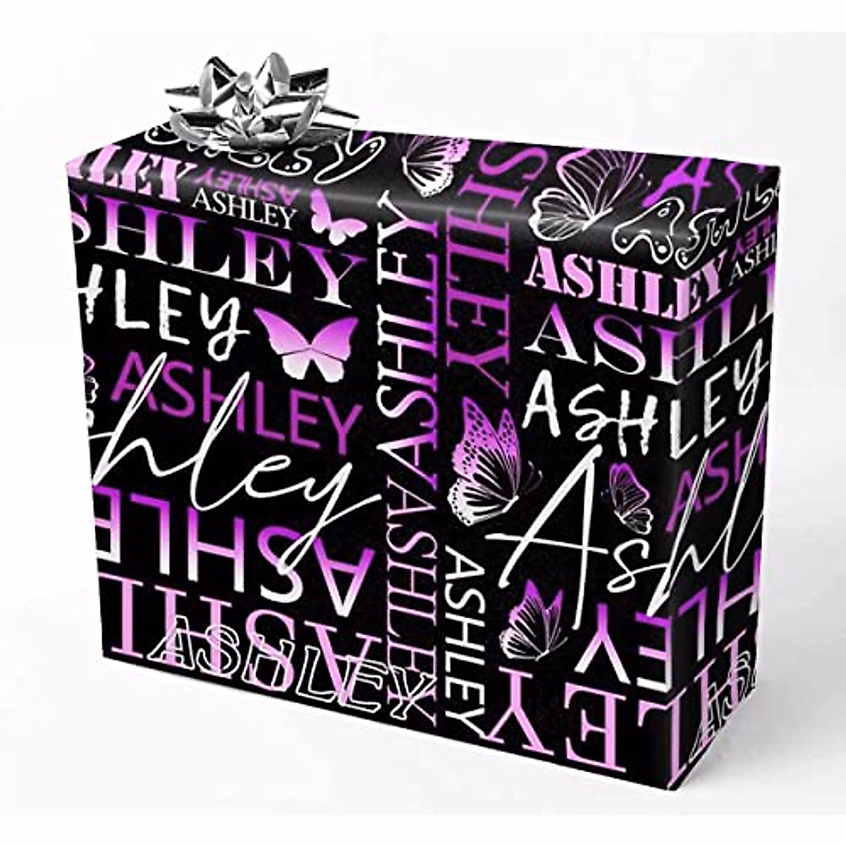 Custom Name Birthday Wrapping Paper Dark Purple Butterfly Pattern Dark Purple Text Personalized Wrap Paper for Boy Girl Men Women Baby Shower Birthday Greeting Gift Wrap Paper Folded Flat on Birthday