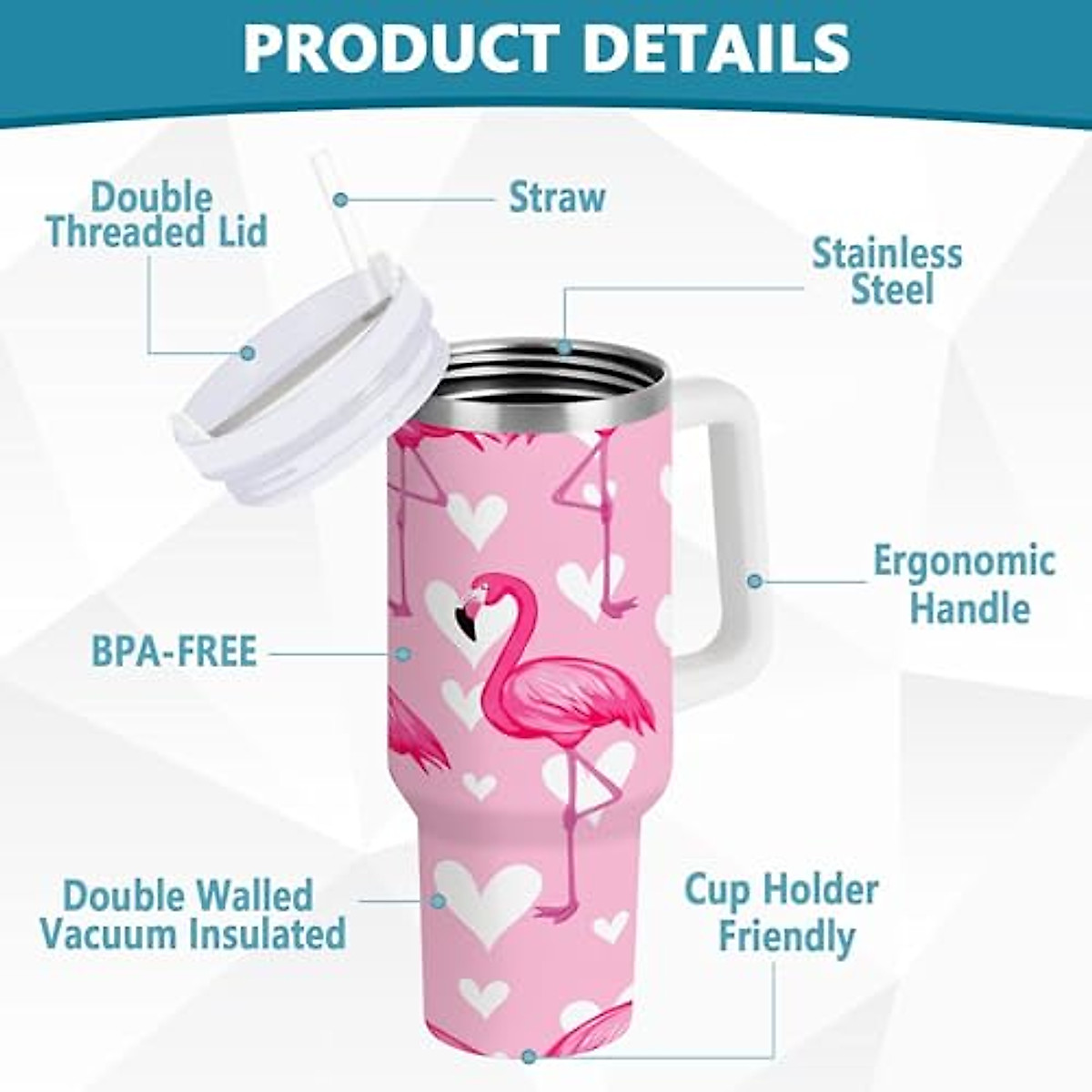 Burbuja Flamingos Standing on One Leg 40oz Insulated Tumblers with Handle and Straw Lid, Double Wall Stainless Steel Travel Mug Leak-Proof, BPA Free, Gift for Mom Dad