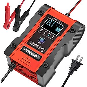 FOXSUR [New Upgrade] Lithium Battery Charger, 12V/24V 6Amp Full Automatic Intelligent Car Battery Charger(lithium batteries, lead-acid batteries, Calcium, etc)/Maintainer Delivers 7 Stage Charging-Red