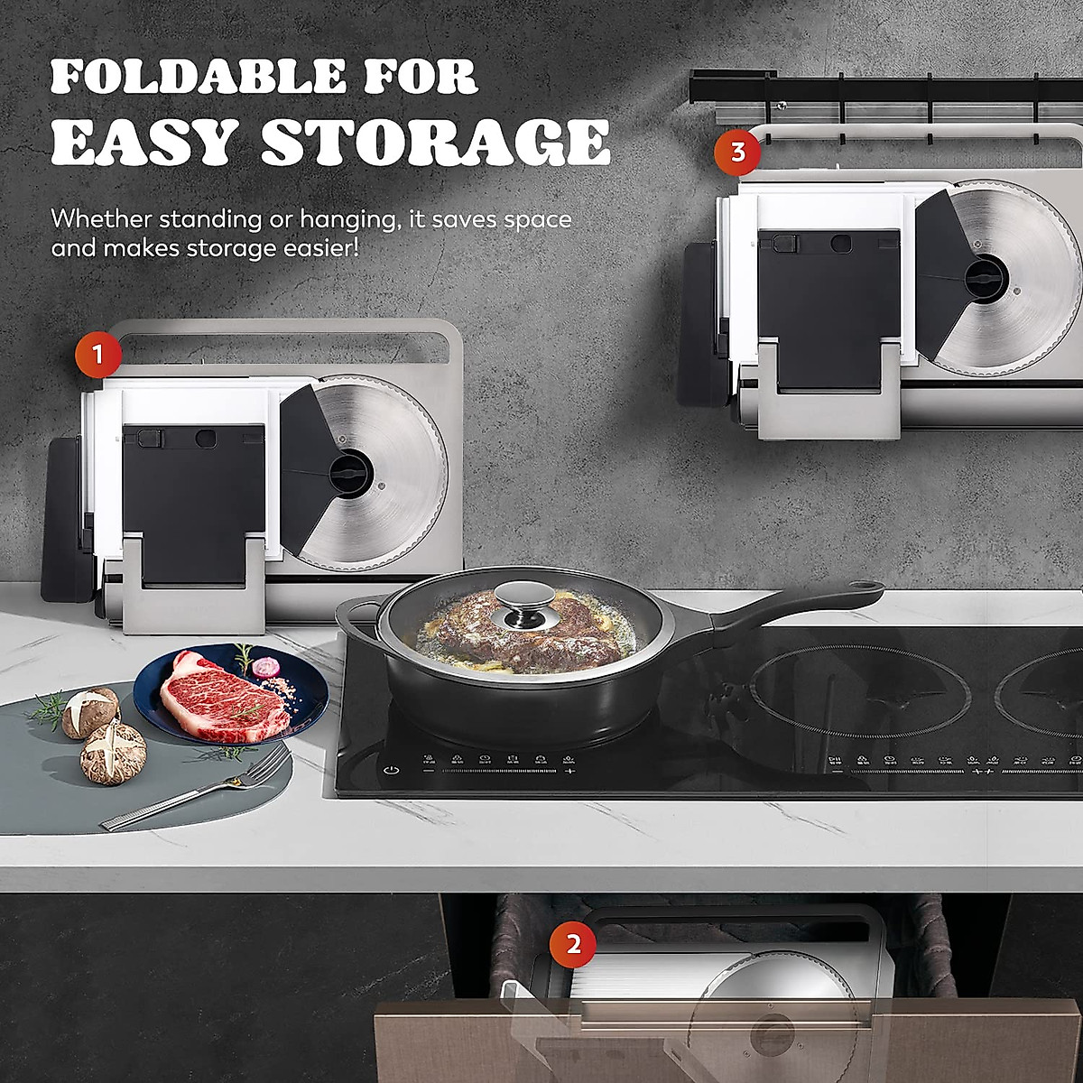 Moongiantgo Foldable Meat Slicer Electric Deli Slicer for Home with Removable 7.5" Stainless Steel Blade, 0-15mm Adjustable Slicing Thickness, with Food Pusher & Child Lock Protection (Serrated Blade)