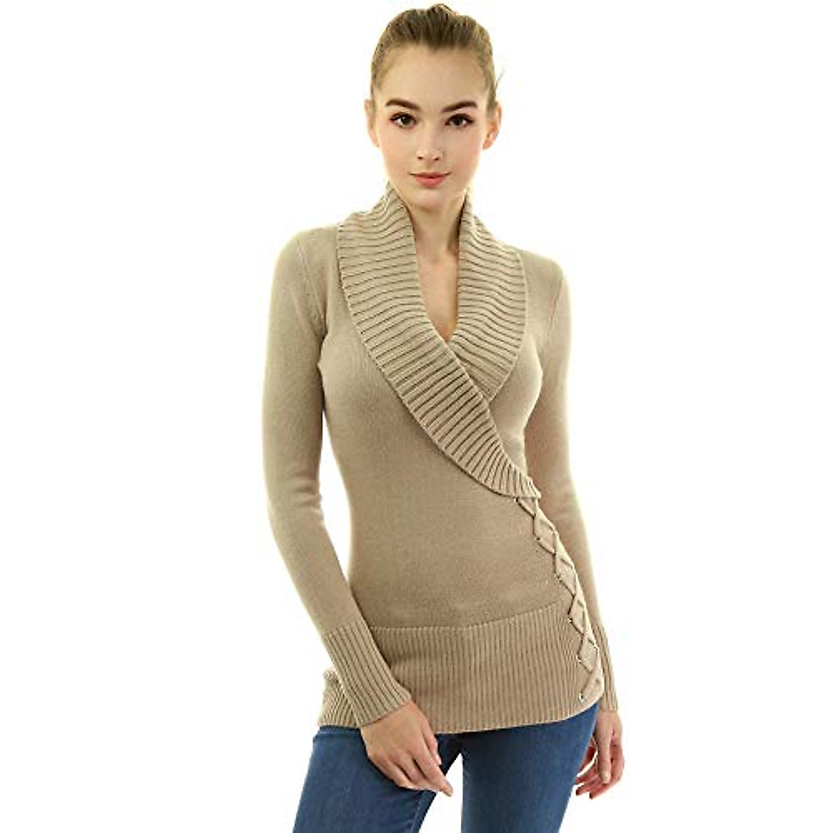 AmélieBoutik Women Shawl Collar Faux Wrap Lace Up Long Sleeve Sweater (Deep Beige X-Small)