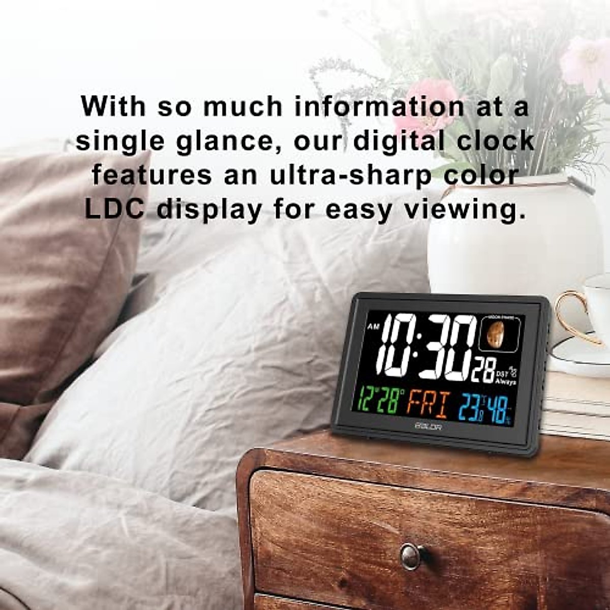 BALDR Atomic Alarm Clock - Large Color Display Digital Desk Clock - With Indoor Thermometer for Temperature & Humidity - Date & Real-Time Moon Phases - Perfect Office Clock or Nightstand Clock (Black)