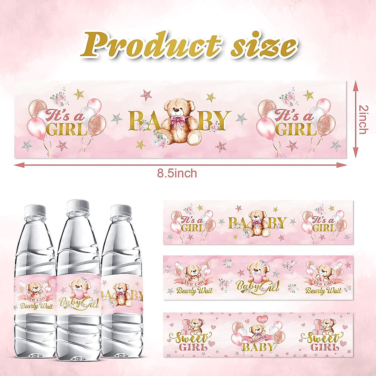 Clabby 39 Pieces Baby Shower Water Bottle Labels Shower Water Bottle Stickers Wrappers Waterproof Baby Shower Labels for Baby Shower Party Decoration (Pink)