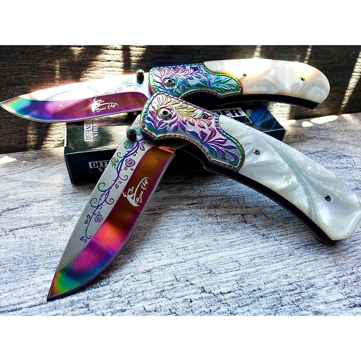 masterdish Marble HANDLE Cowboy Folding Blade Pocket Knife Rainbow Blade 3cr13 Steel Overall Length 8.5 inch (cvrt-1-2)