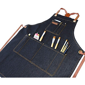 DingSay Trendy Professional Black Denim Apron with Pockets for Chef Cooking Kitchen Grill BBQ Hairstylist Painting, Mens Womens Apron with Leather Cross Back Straps