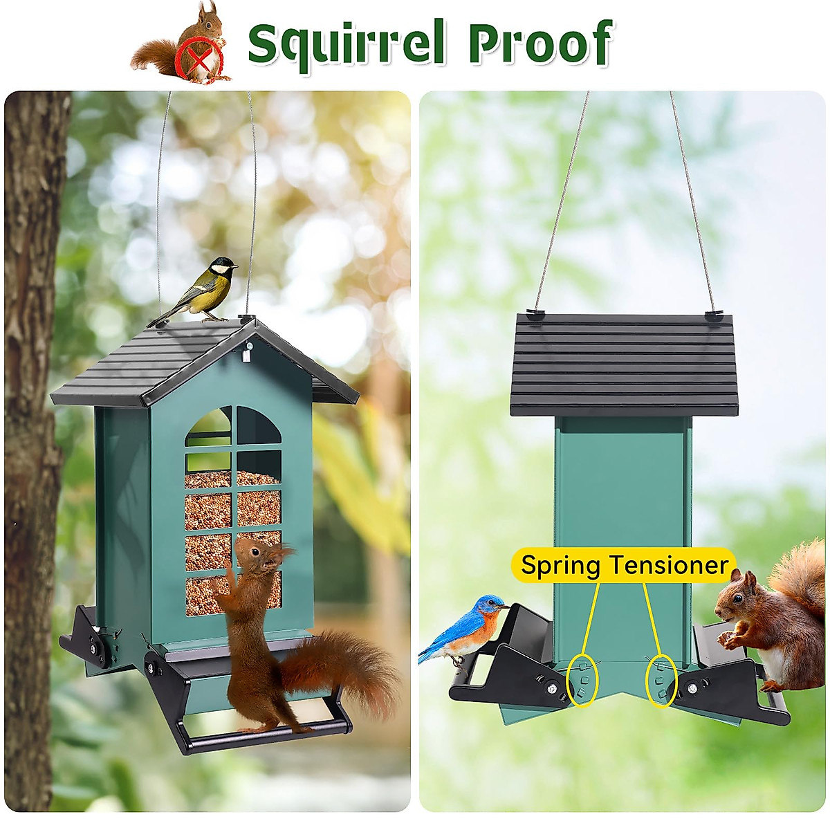 Squirrel Proof Bird Feeder for Outdoors Hanging, Metal Hanging Bird Feeder with Bilateral Weight-Activated Perches, 8LBS Large Capacity Wild Bird Feeder, Squirrel Chewing Proof