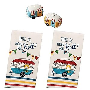 4 Piece Vintage Camper Kitchen Decor Bundle, 2 Tea Towels and Salt Pepper Shaker Set