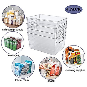 Clear Plastic Storage Bins Pantry Organizer Bins for Kitchen Refrigerator Fridge Cabinet Freezer Bathrooms Acrylic Organizers Storage Bins, Clear Bins with Cutout Handles(4 Pack)