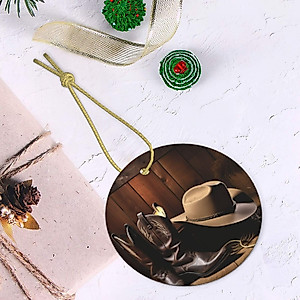 Christmas Ornaments Round Ceramic Ornaments Cowboy Black Hat Western Boots Printed Christmas Tree Ceramics Hanging Ornament for Xmas Holiday Party Decorations