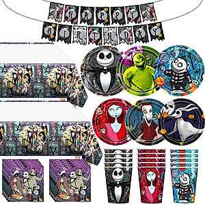 Nightmare Party Supplies 123Pcs Nightmare Tableware Included Banner,Cups,Plates,Napkins,Tablecloth for Nightmare Halloween Party Decoration Supplies