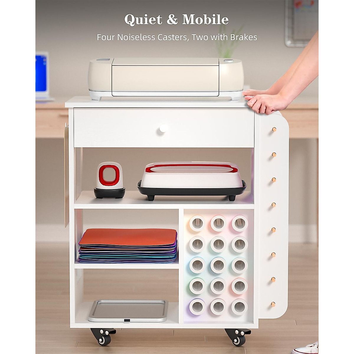 Rolling Craft Cart and Storage Table for Cricut - VDamu Vinyl Roll Holder and Craft Room Organizer