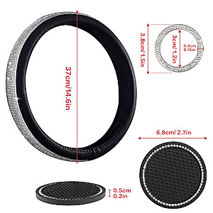 Diamond Bling Steering Wheel Cover for Women Universal Fit 15 Inch, Sparkly Car Wheel Protector with Bling Cup Holder Insert Coasters Rhinestone Ring Emblem, 5 Pack Car Interior Accessories