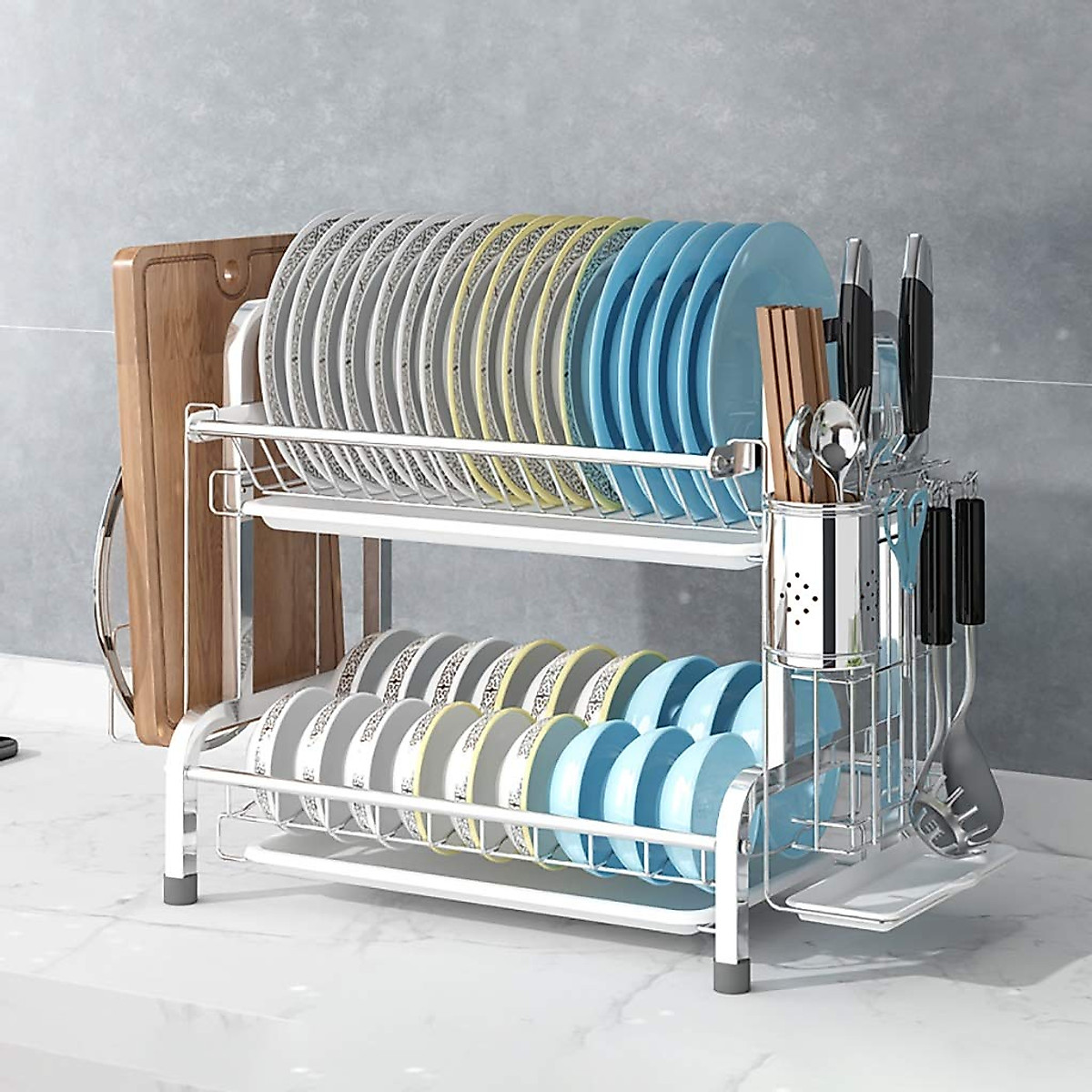 2-Tier Dish Rack, Colture Stainless Steel Dish Drying Rack with Utensil Holder and Drain Board Wine Glass Holder Easy-Storage Rustproof Kitchen Counter Dish Drainer Rack Organizer, Silver