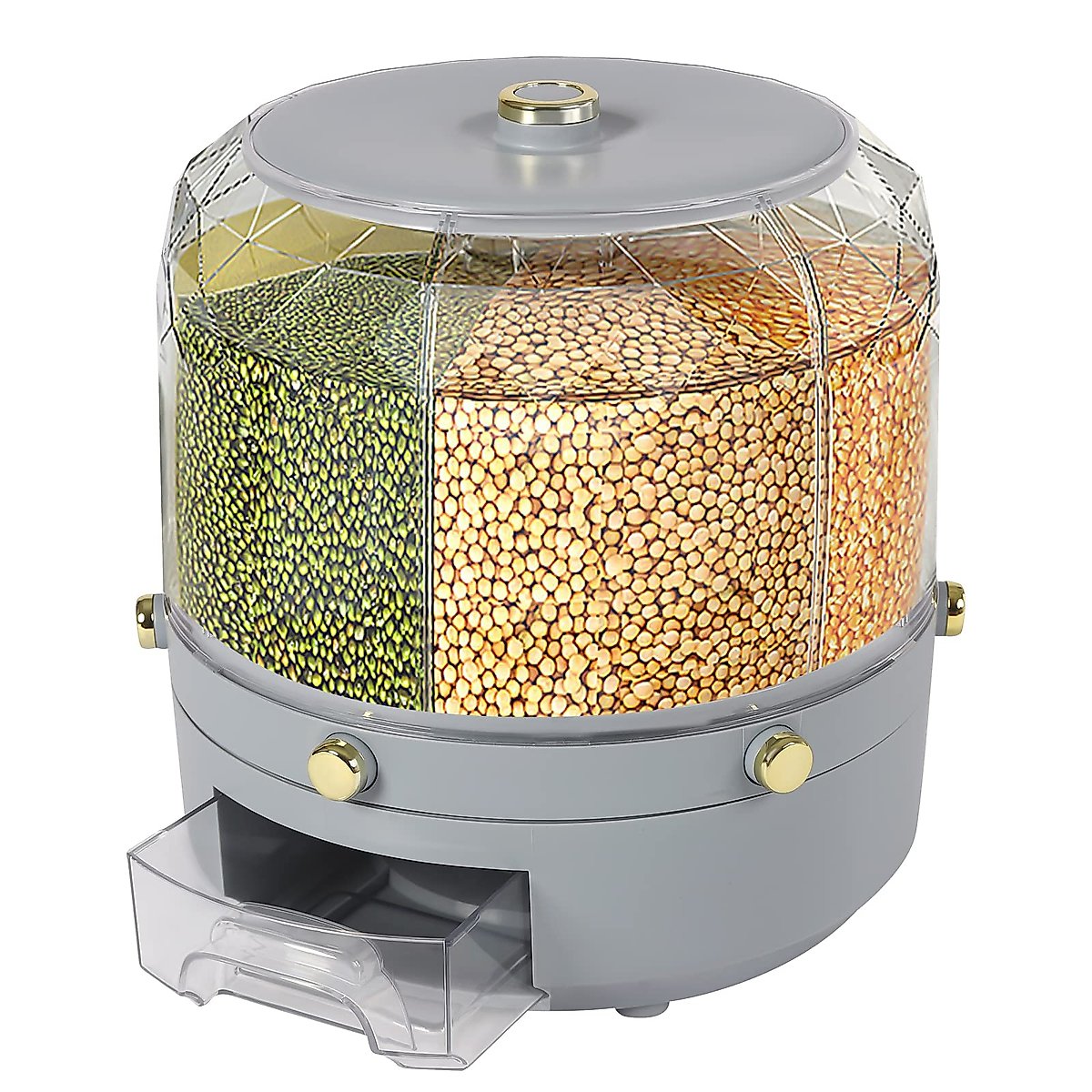 LUGBING One-Click Rice Output Food Containers, 360° Rotatable Grain Separate Storage Box 6 Grid Household Kitchen Storage Container for Rice, Beans, Grains Rotating Rice Dispenser