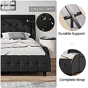 SHA CERLIN Queen Size Box-Tufted Platform Bed Frame/Faux Leather Upholstered Bed Frame with Adjustable Headboard/Wood Slat Support/Wave-Like Modern Bed/Low Profile/Black