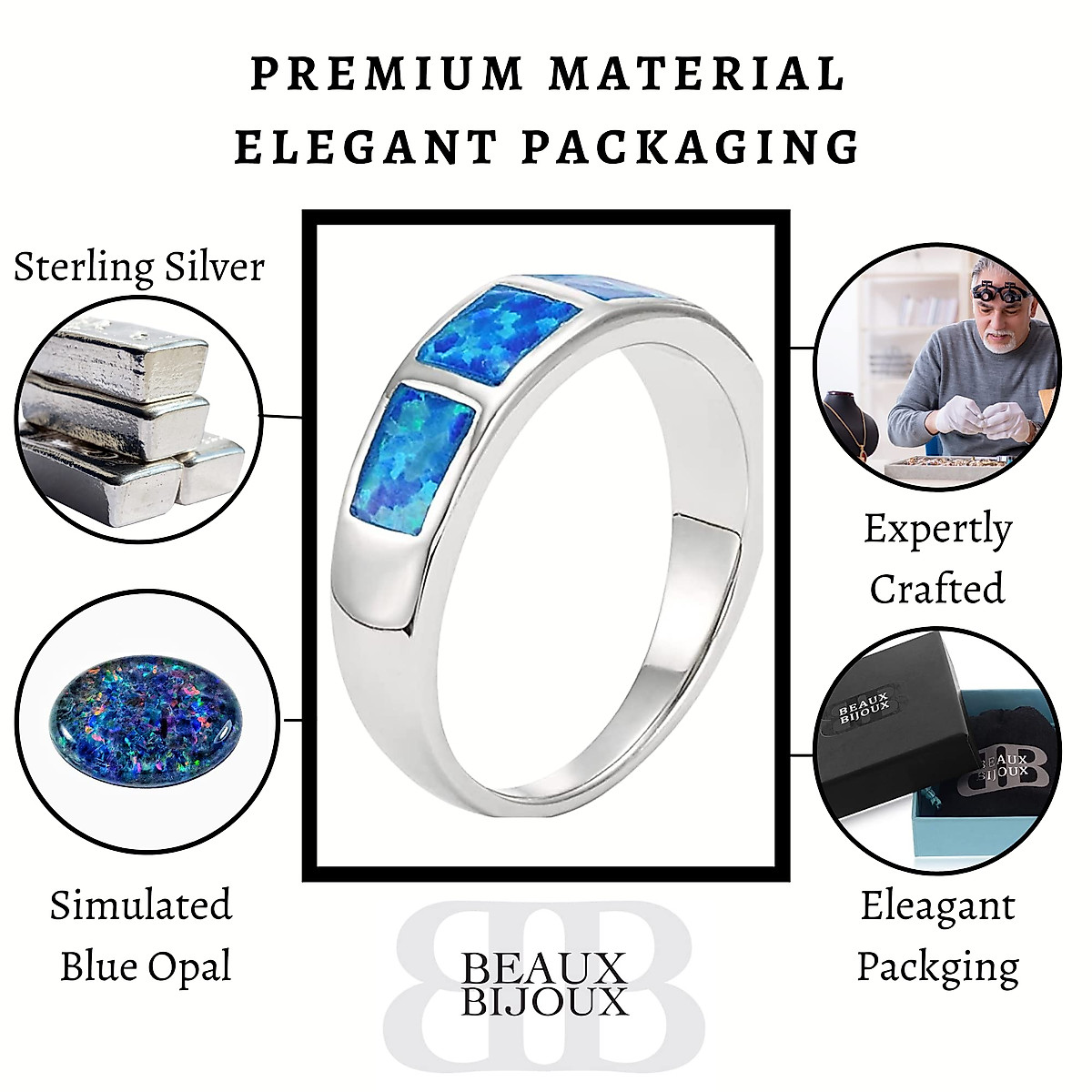 Beaux Bijoux Sterling Silver Simulated Opal Ring for Women | Created Blue Opal Gemstone Band Ring | Fine Jewelry