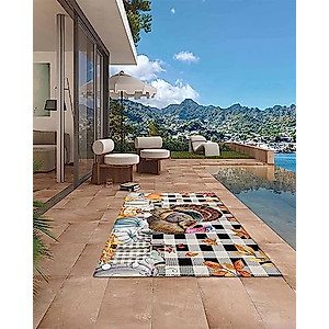 Outdoor Rug Carpet 5x8feet, Thanksgiving Retro Turkey Camping Area Rugs Soft Non-Shedding Non-Slip Floor Carpets Mat for Indoor Living Room,Bedroom Fall Harvest Pumpkin Buffalo Grid