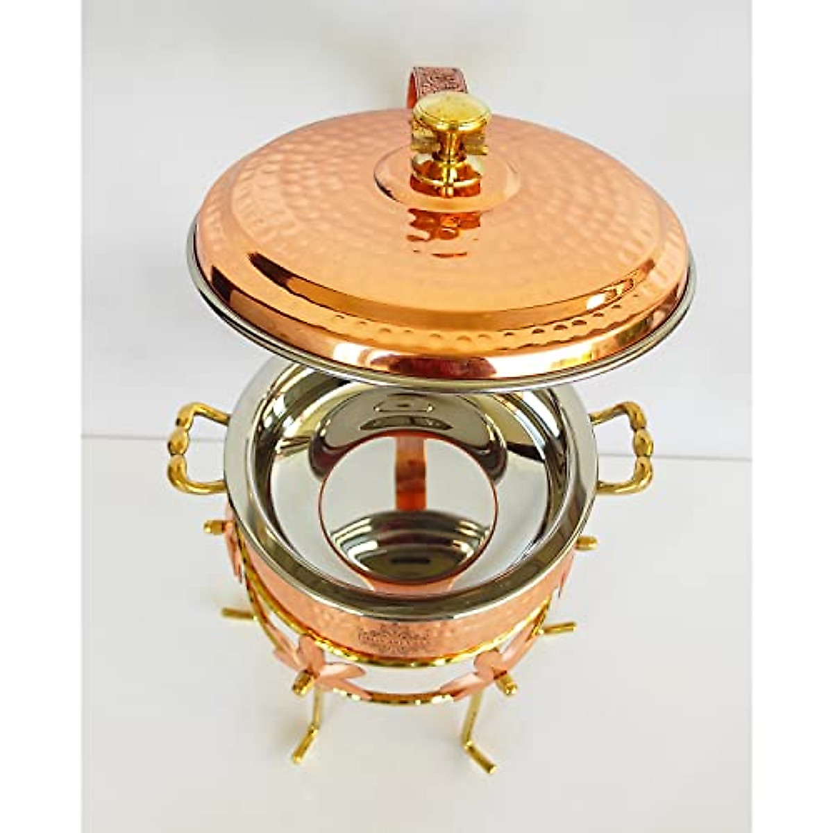 Indian Art Villa Steel Copper Chafing Dish Set of 1 Handi With Lid & 1 Brass Stand, Serveware Item for Dinner Party & Functions, Volume-44 Oz