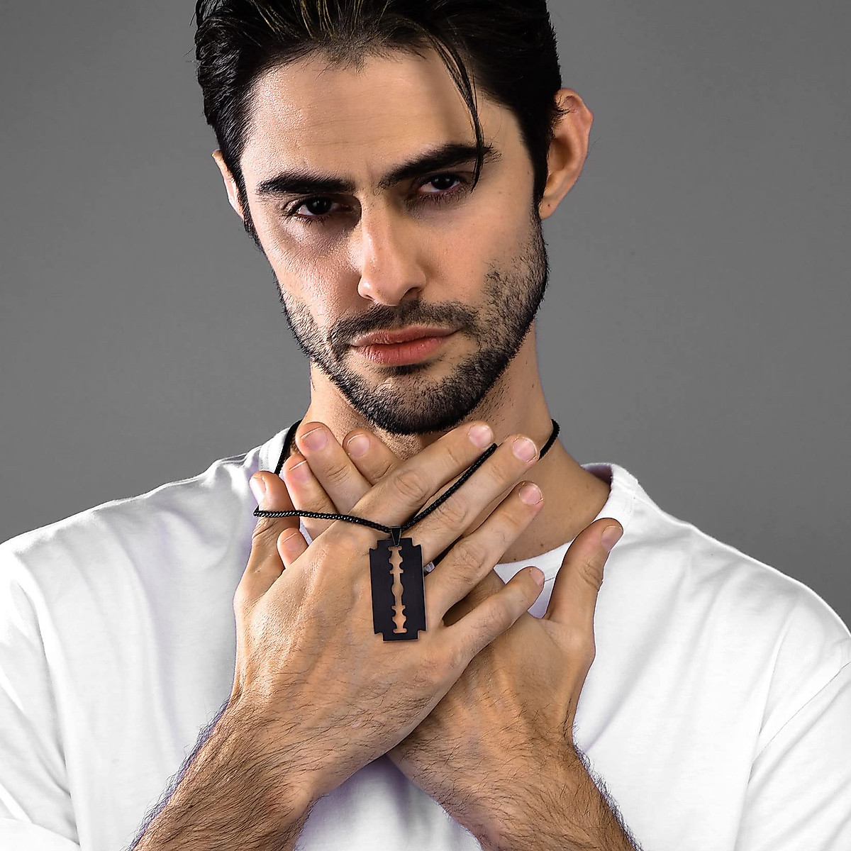 U7 Punk Jewelry Edgy Necklace with Black Wheat Rope Chain Ion Plating Black Men Razor Blade Pendant