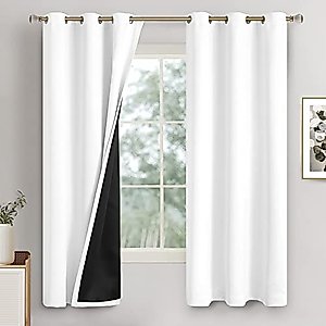 QUEMAS 100% Blackout Curtains for Bedroom 63 inch Length 2 Panels, Full Light Blocking Drapes with Black Liner, Thermal Insulated Grommet Window Curtains for Living Room, Each 42 x 63 Inch, Pure White