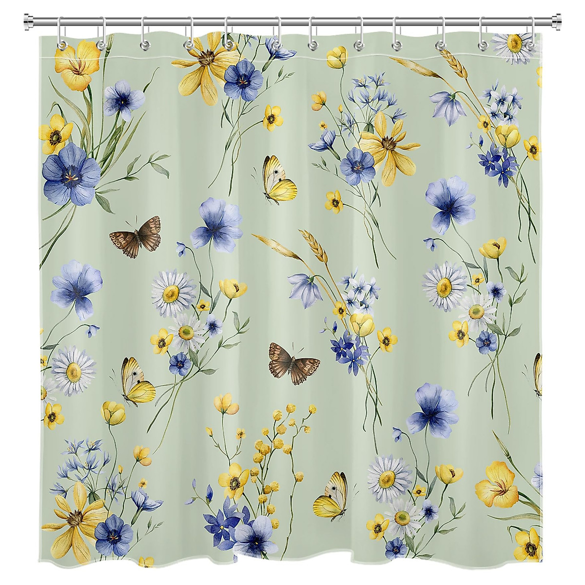 EOBTAIN Blue and Yellow Floral Shower Curtain for Bathroom Wildflower Botanical with Butterfly on Sage Green Shower Curtain with 12 Hooks Nature Plant Bathroom Curtains Shower Set 72x72 Inch