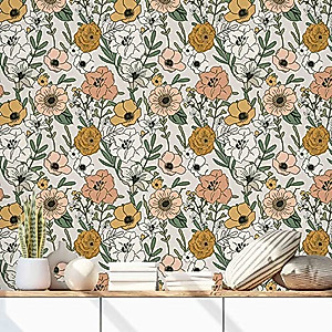 Abyssaly Vintage Floral Peel and Stick Wallpaper Boho 17.7 inx118 in Removable White/Sand/Oliva Vinyl Self Adhesive Wallpaper Flower Wall Paper for Bedroom