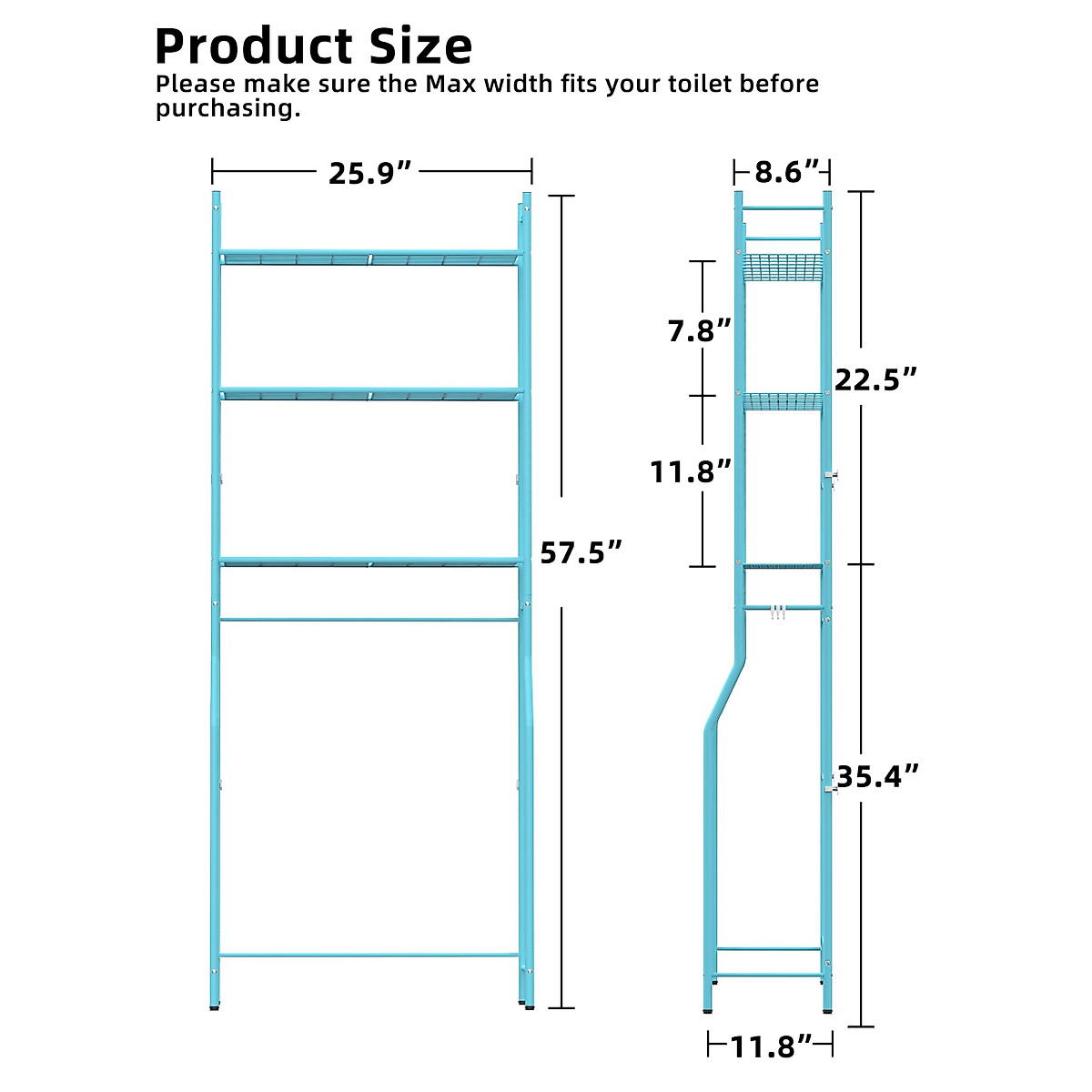 Livilord Over The Toilet Storage, 3-Tier Metal Bathroom Shelves, Freestanding above Toilet Storage Shelf with 4 Hooks for Bathroom, Blue