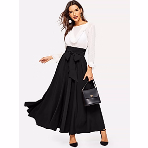 SweatyRocks Women's Elegant High Waist Skirt Tie Front Pleated Maxi Skirts Black L