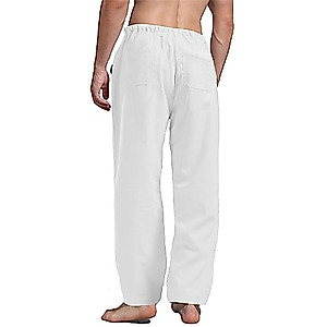perdontoo Mens Casual Cotton Linen Pants Elastic Waist Drawstring Straight Summer Beach Pants (X-Large, White)