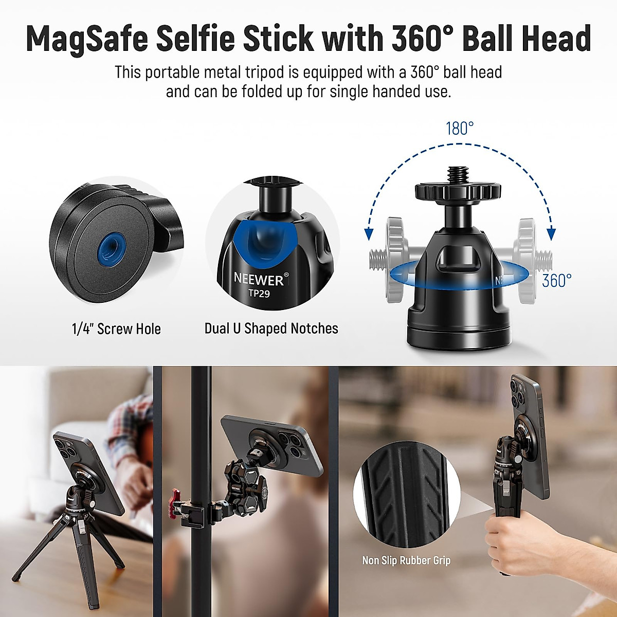 NEEWER Magnetic Desk Phone Tripod Set Compatible with MagSafe iPhone 16 15 Pro Max Plus 14 13 12 Series, Single Hand Grip Selfie Stick Metal Tabletop Mini Tripod with Ball Head, PA010+TP29