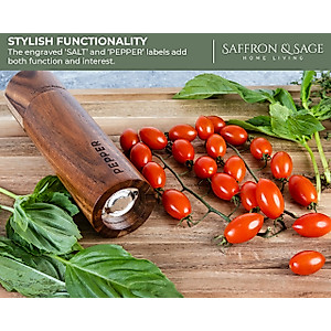 Saffron & Sage Premium Acacia Wood Salt and Pepper Grinder Set of 2-8” Tall Salt and Peppercorn Mill with Adjustable Coarse Settings, Rust Resistant, Smooth and Quality Grinding Mechanism