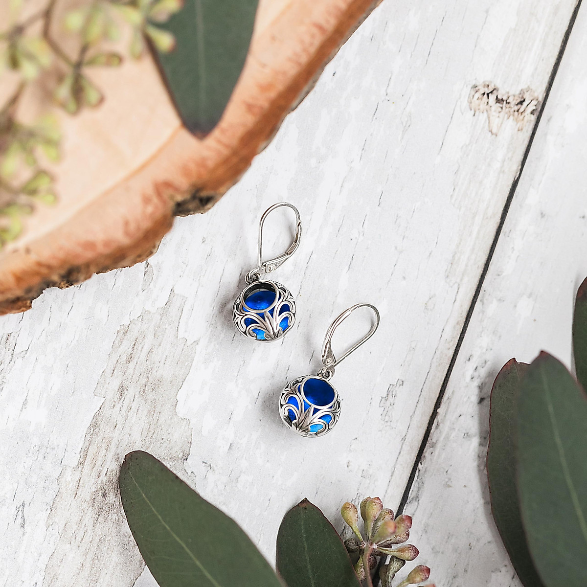 Bottled Up Designs Handmade Vintage Lace Leverback Earrings, Recycled 1960s Cobalt Skin Cream Jar Glass, Sterling Silver, Eco Friendly, Made in USA, Birthday Gifts, Mothers Day, Women, Anniversary