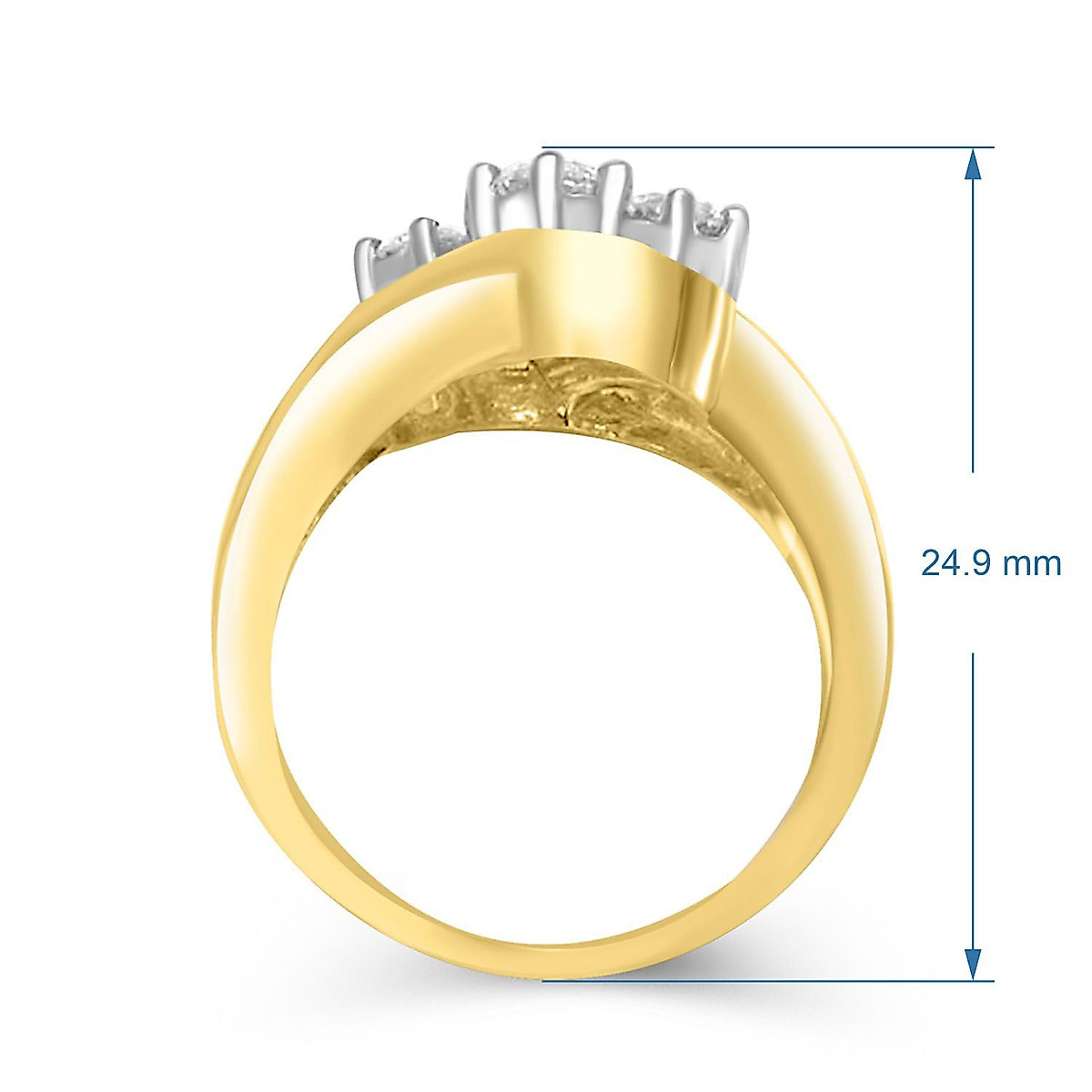 Jewelili 10K Yellow Gold 3/4 Cttw Natural White Baguette and Round Diamond 3 Stone Ring, Size 8