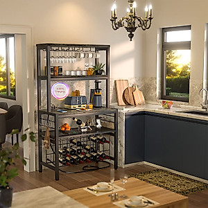 Unikito Wine Bar Cabinet with RGB LED Light and Outlet, FreeStanding Wine Rack Table, Floor Liquor Cabinet with Glass Holder, Floor Bar Cabinet with Wine Rack for Home Kitchen Dining Room, Black Oak